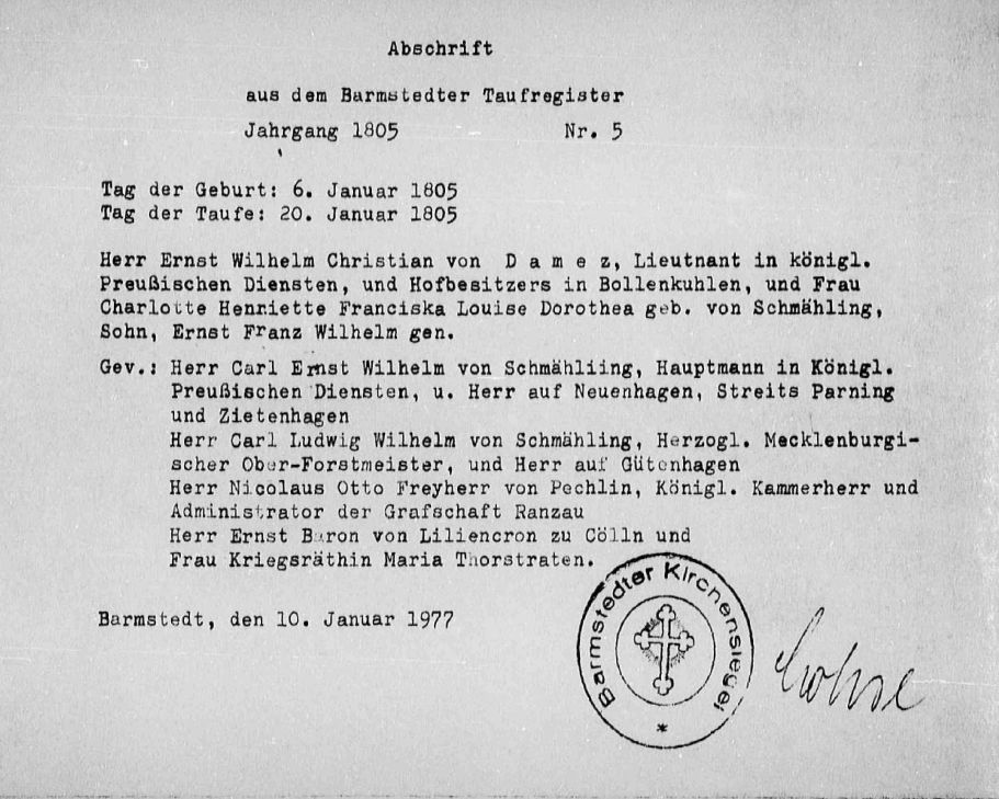 Genealogien der Adelsfamilie von Damitz - Ahnenforschung / Genealogie